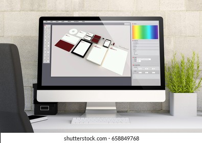 3d Rendering Workspace Computer Showing Branding Stock Illustration ...
