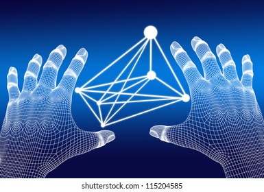 3d Wireframe Hand Push Button Network Stock Illustration 115204585