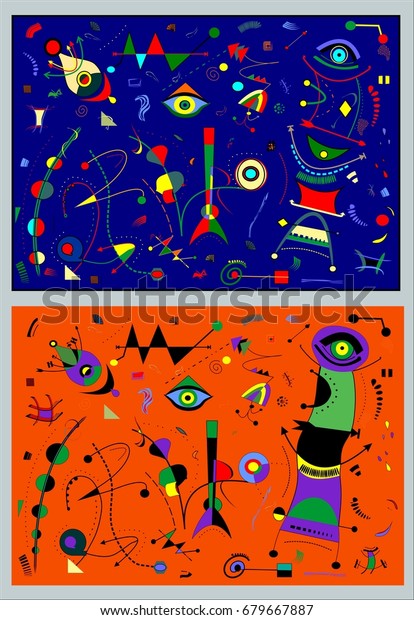 Abstract background, style Miro painter, set 2 color variants , blue ...