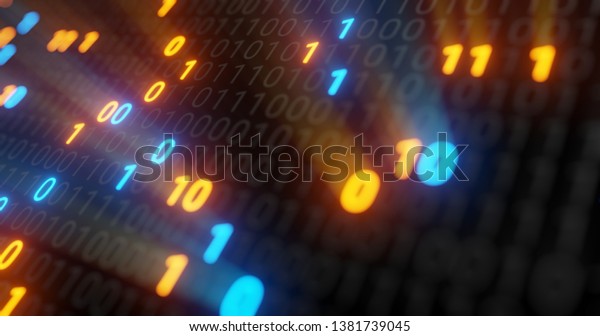 Abstrakte, blaue und orangefarbene digitale Codematrix mit Flare ...