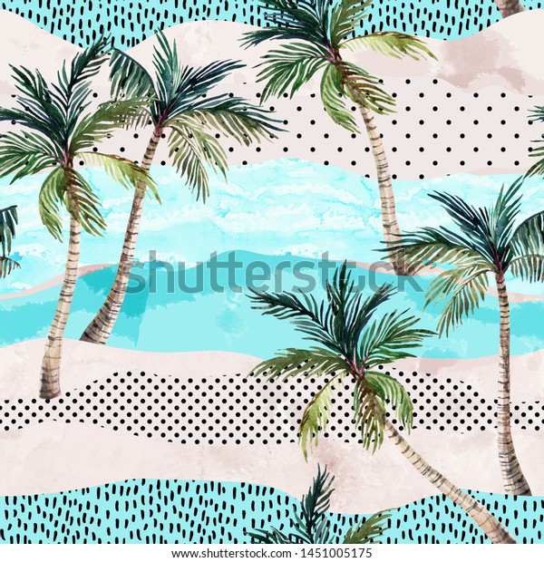Abstract summer beach background. Art illustration with watercolor palm ...