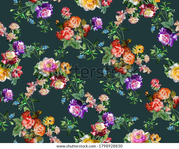 All Over Flower Pattern Digital Print Stok İllüstrasyon 1798928830