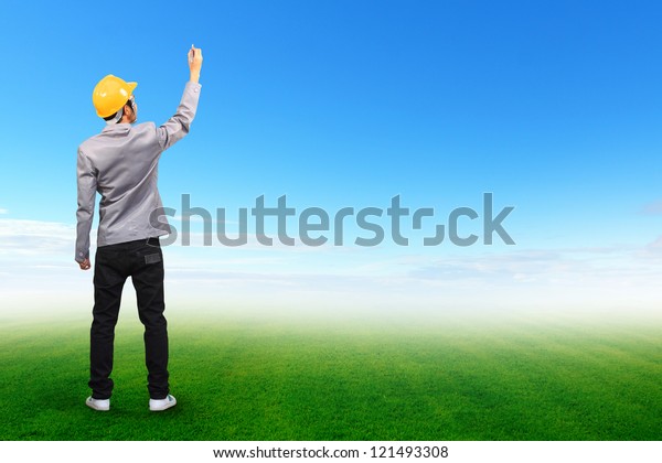 Architect Standing Drawing Back View On Stock Illustration 121493308