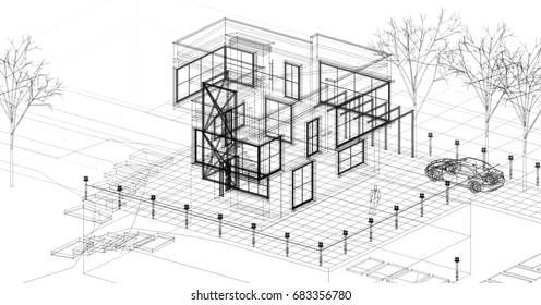 Architectural Sketch Parallel Projection 3d Illustration Stock ...