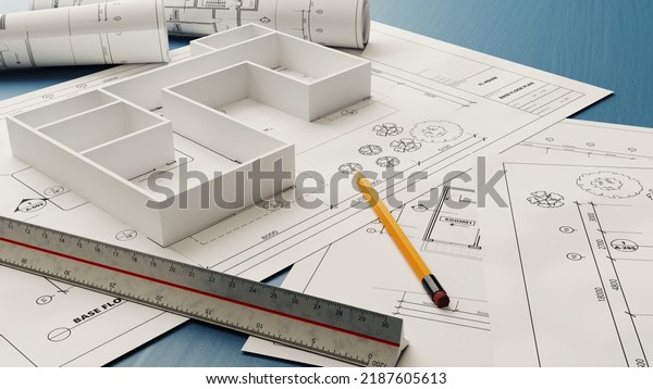 Architecture Floor Plan Drawing 3d Rendering Stock Illustration ...