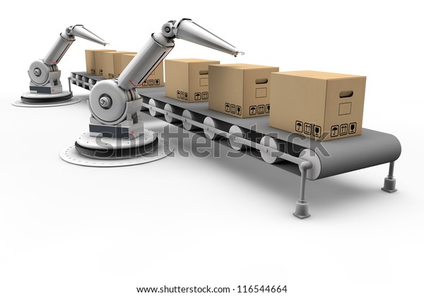 Articulated Robots Working On Boxes On Stock Illustration 116544664 ...