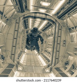 Astronaut Floating Inside Space Ship Hallway Stock Illustration ...