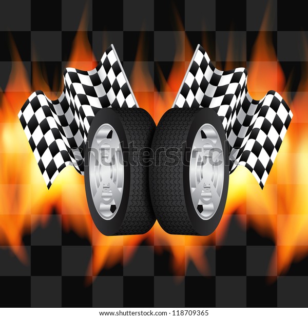 Background with checkered flags and wheels. Raster version of the ...