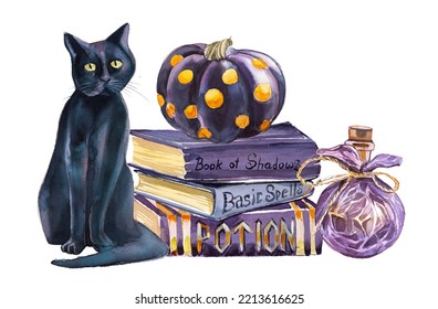 Beautiful Book Stack Witchs Potionpumpkin Black Stock Illustration ...