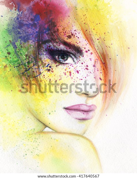 Beautiful Woman Face Abstract Fashion Watercolor Stock Illustration
