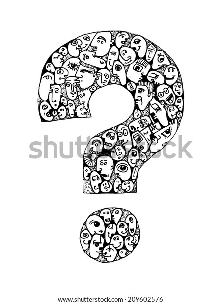 black and white drawing, question mark made out of faces, caricatures ...