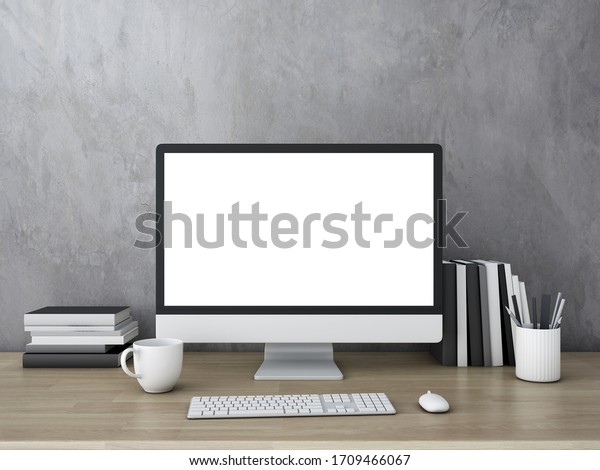 Blank screen desktop computer on desk with books and cup.3d rendering