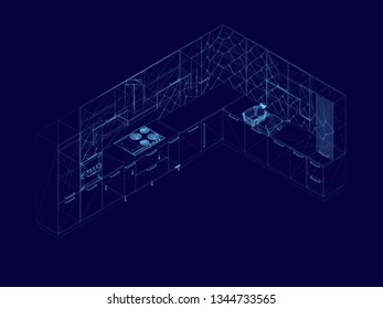 Blue Corner Wireframe Kitchen 3d Kitchen Stock Illustration 1344733565 ...
