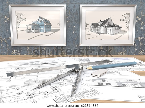 Blue theme House project workplace. 2 Metal Picture Frames on blue worn ...