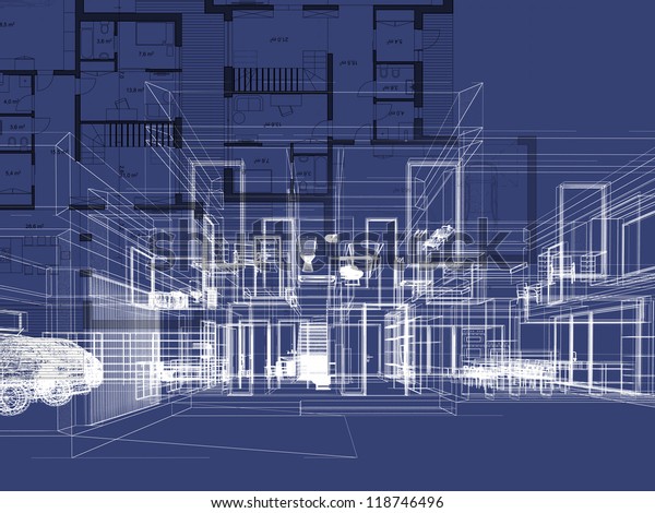 Blueprint Architecture Plan Perspective Drawing Contemporary 스톡 일러스트 ...