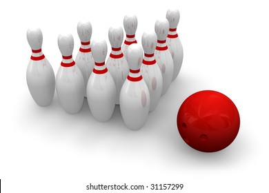 Red Bowling Ball Knocking Over Pins: illustrazione stock 247664455 ...