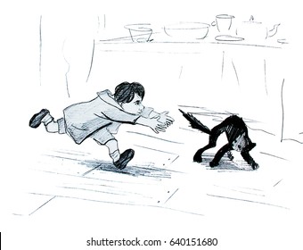 Boy Chasing Cat Hand Drawing Illustration 스톡 일러스트 640151680 | Shutterstock