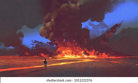Boy Looking Crashed Spaceship Explosion Digital Stock Illustration ...