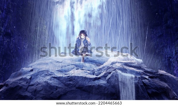 Boy Sit On Rock Beside Waterfall Stock Illustration 2204465663 ...
