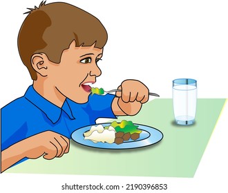 Boy Table Eating Dinner Plate Food Stock Illustration 2190396853 ...