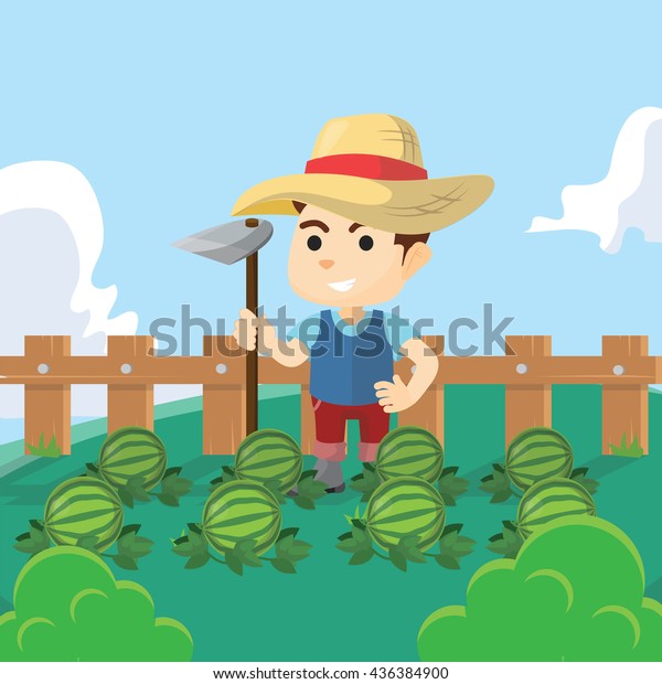 Boy Using Farmer When Watermelon Harvest Stock Illustration 436384900