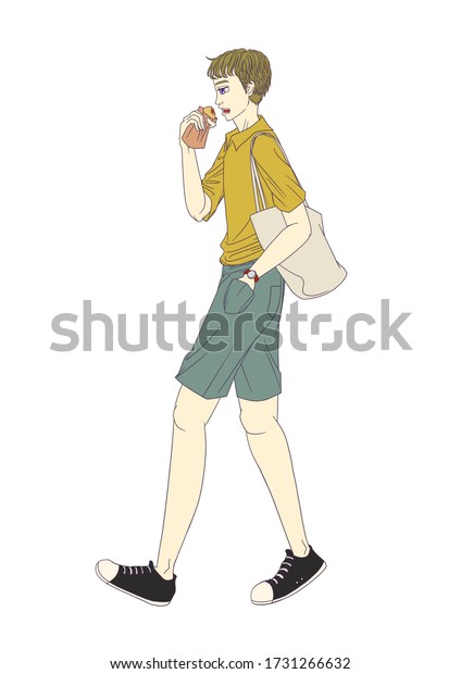 Boy Walking Eat Bread Drawing Isolated Stock Illustration 1731266632 ...