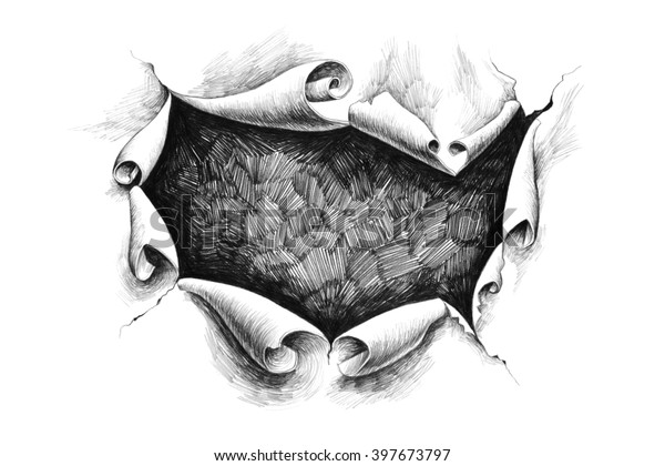 Breakthrough Paper Hole Rough Pencil Drawing Stock Illustration 397673797