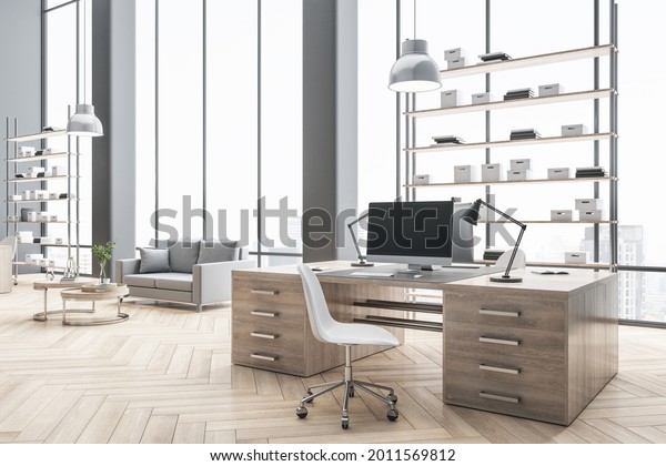Bright Office Interior Panoramic Window Daytime Stock Illustration ...