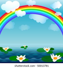 Bright Spring Background Rainbow Clouds Flowers Stock Illustration ...