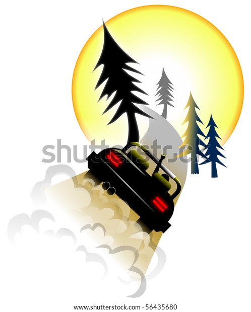 Car Driving Into Sunset Stock Illustration 56435680