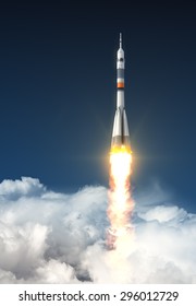 Carrier Rocket Over Clouds 3d Scene Stock Illustration 296012729