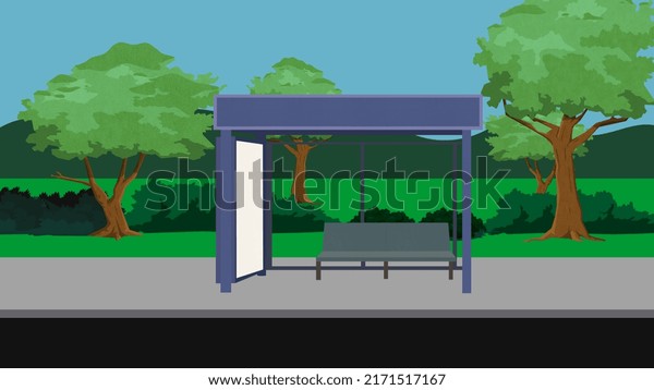 Cartoon Background Blue Bus Stop Along: ภาพประกอบสต็อก 2171517167 ...