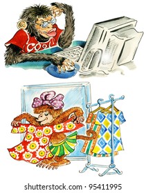 Cartoon Monkeys Guy By Computer Girl Stock Illustration 95411995 ...