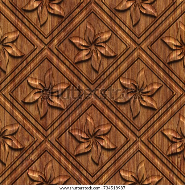 Carved Geometric Flowers Pattern On Wood Stock Illustration 734518987