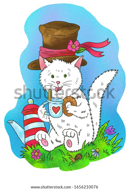 Cat Hat Drinking Tea Digital Cartoon Stock Illustration 1656210076