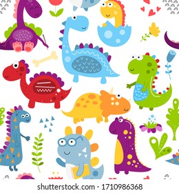 Childish Seamless Pattern Hand Drawn Dinosaurs Stock Illustration ...