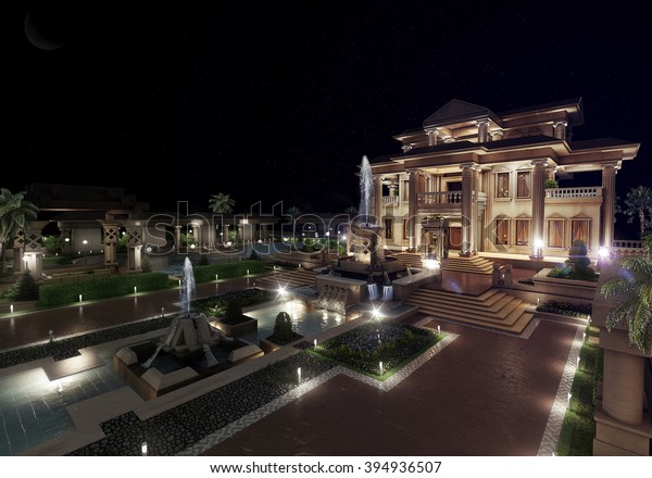 Classical Villa Night View Stock Illustration 394936507
