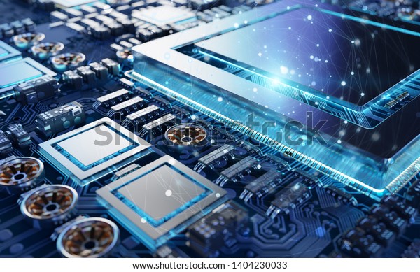 Close-up view of a modern GPU card with circuit and connections 3D ...