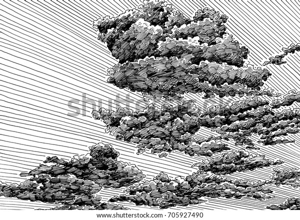 Clouded Sky View Black White Dashed Stock Illustration 705927490