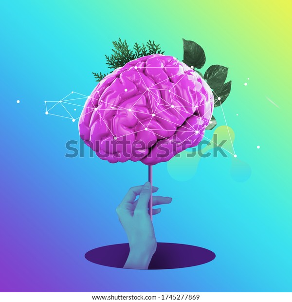 Collage with 3d rendering of human brain on the stick being held by a ...