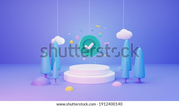 Completed task. Successful well done work with trees, clouds and podium ...