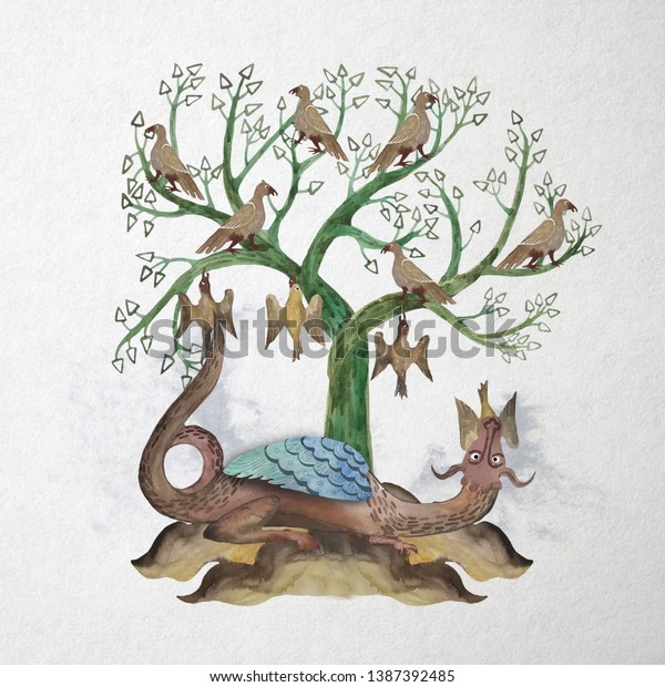 Composition Eating Dragon Under Tree Medieval Stock Illustration 1387392485