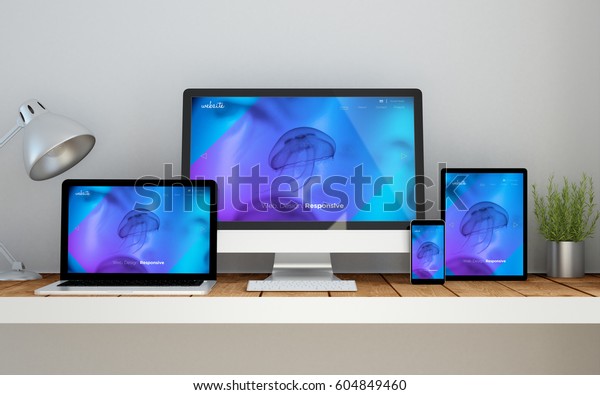 Computer Laptop Smartphone Tablet On Desktop Stock Illustration 604849460