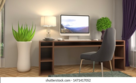 Computer On Office Table 3d Illustration 库存插图 1445281883 | Shutterstock