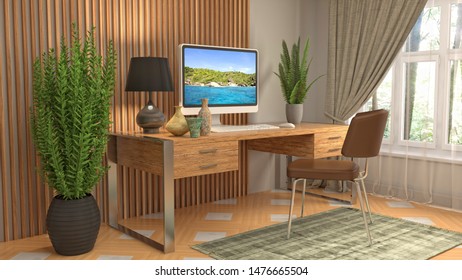 Vektor Stok Workroom Scene Laptop On Table Illustration (Tanpa Royalti ...