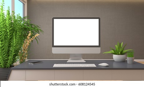 Computer White Screen On Office Table Stock Illustration 620030711