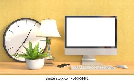 Computer White Screen On Office Table Stock Illustration 620031527