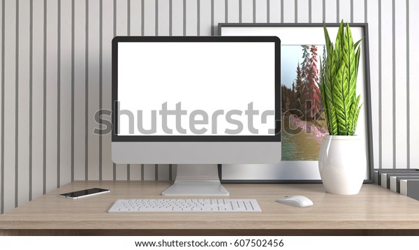 Computer White Screen On Office Table Stock Illustration 607502456 ...