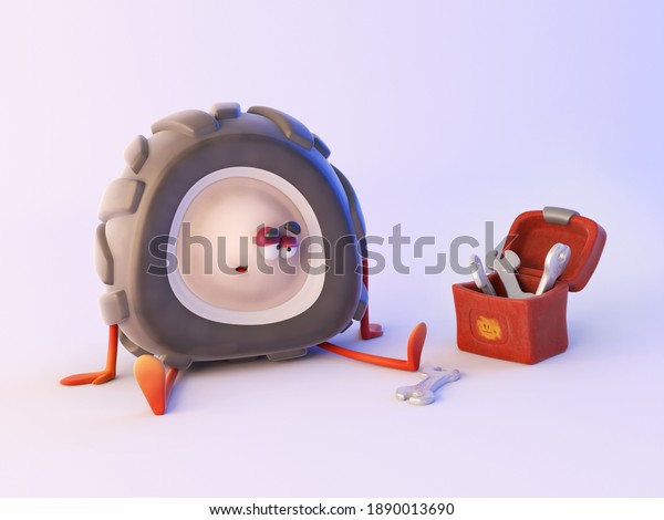 Concept 3d Rendering Broken Wheel Cartoon Stock Illustration 1890013690