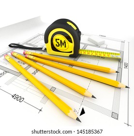 Construction Plan Roll Meter Pencil Stock Illustration 145185367 ...